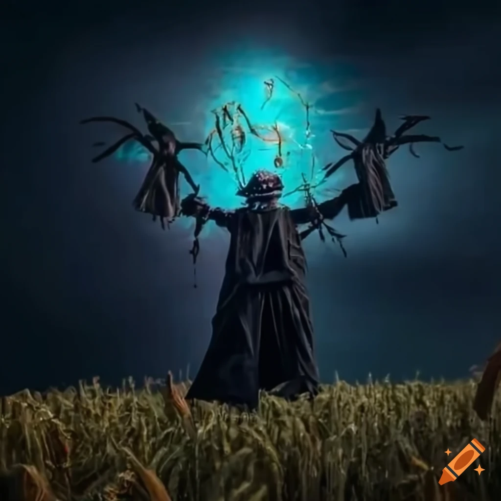 Scarecrow with robotic hands in an iridescent cornfield on Craiyon