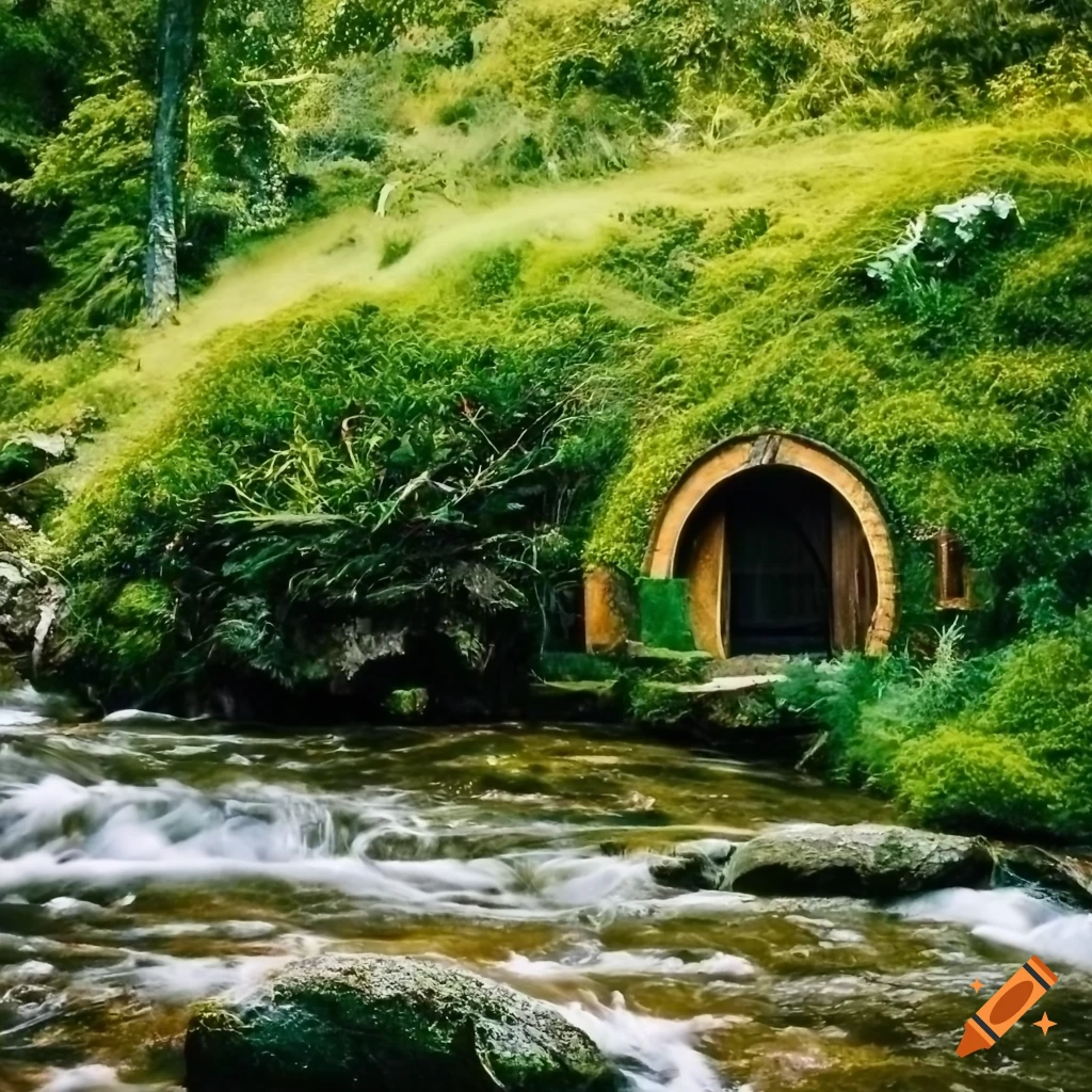 Photo of a mossy hobbit house by a crystal clear river on Craiyon