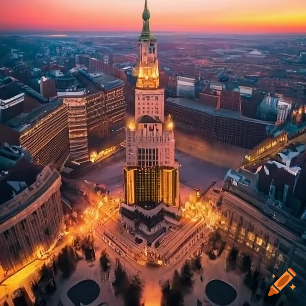 Aerial view of a grand city with impressive architecture