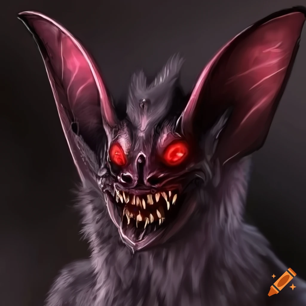 Symmetrical illustration of a demonic black-furred bat beast on Craiyon
