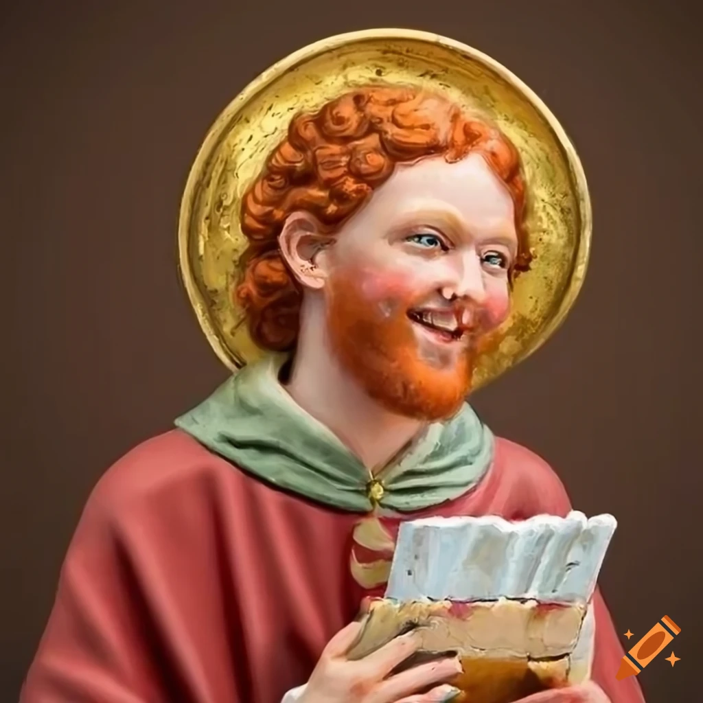 Painted portrait of a joyful redheaded catholic saint on Craiyon