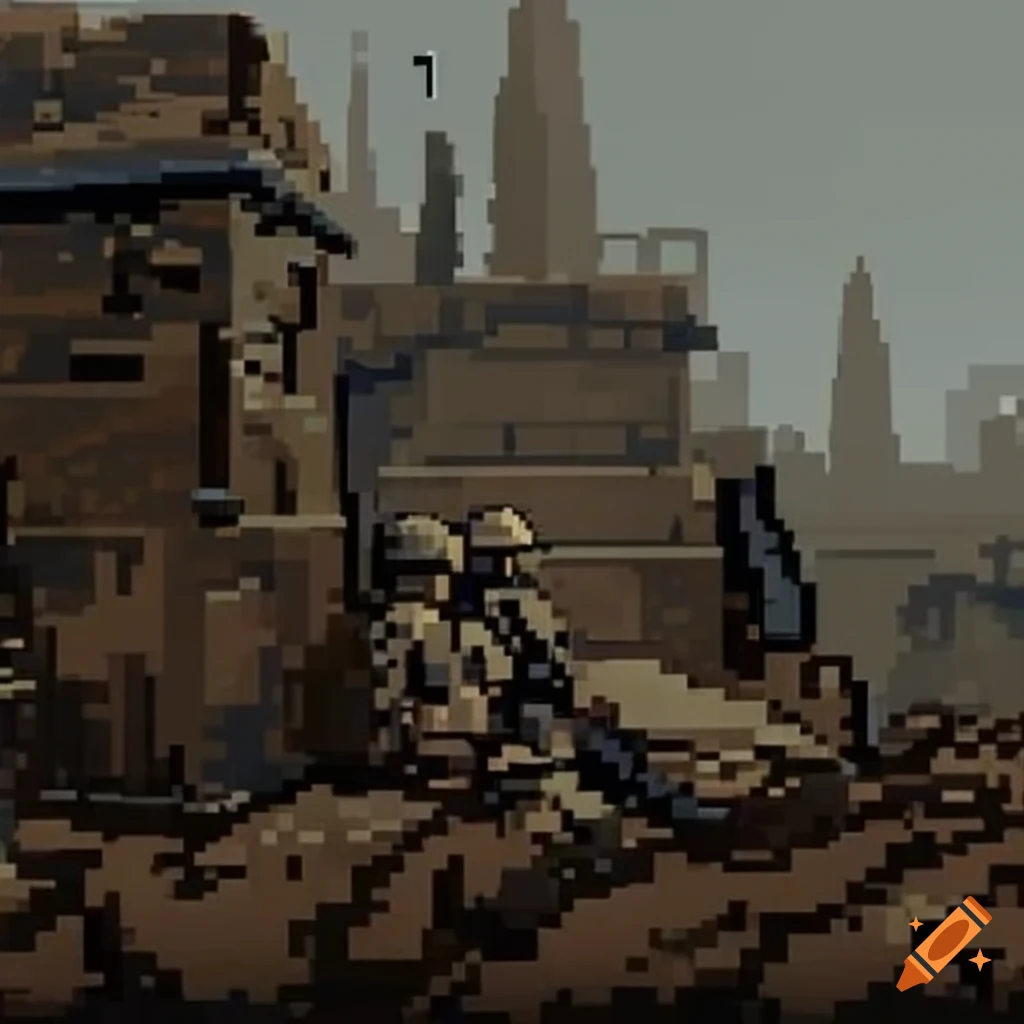 Pixel art depicting trench warfare in world war one