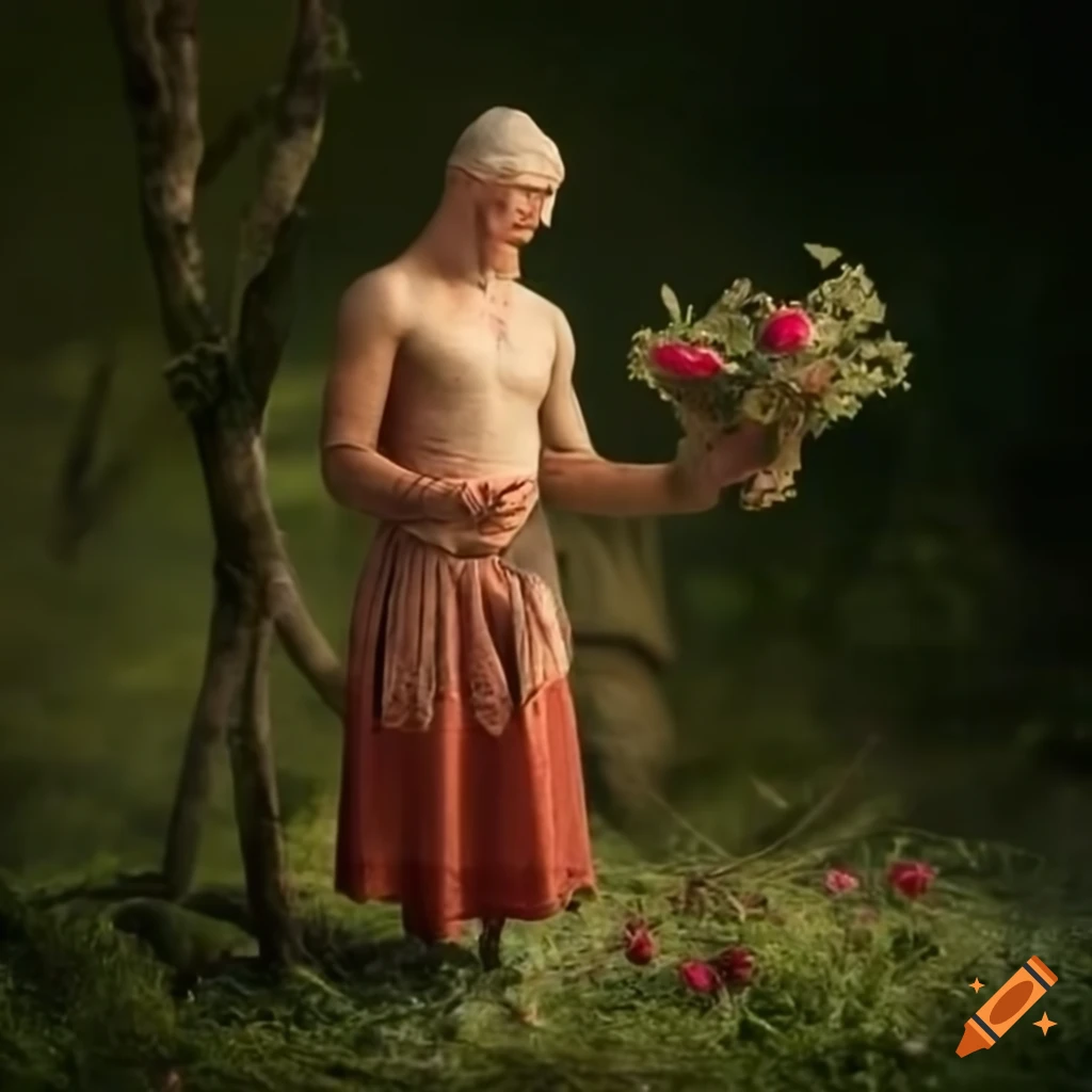 Hyperrealistic painting of a medieval farmer picking roses