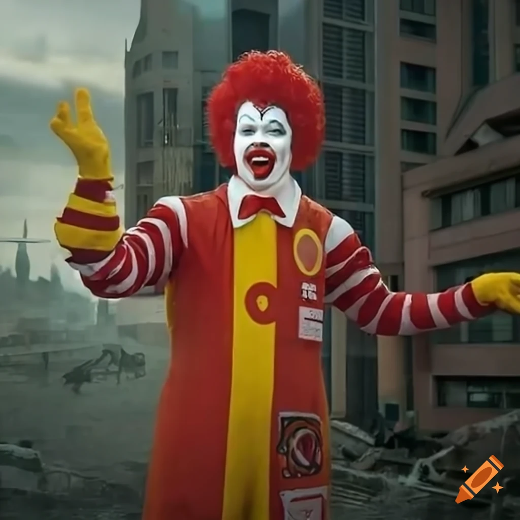 Ronald mcdonald in a dystopian landscape on Craiyon