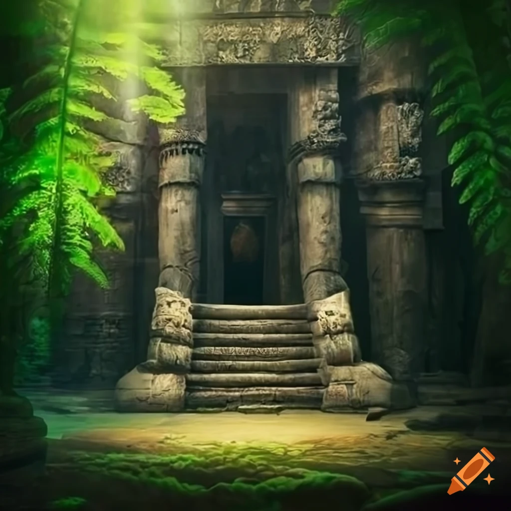 Temple of African Gods backdrop with ferns and moss on Craiyon