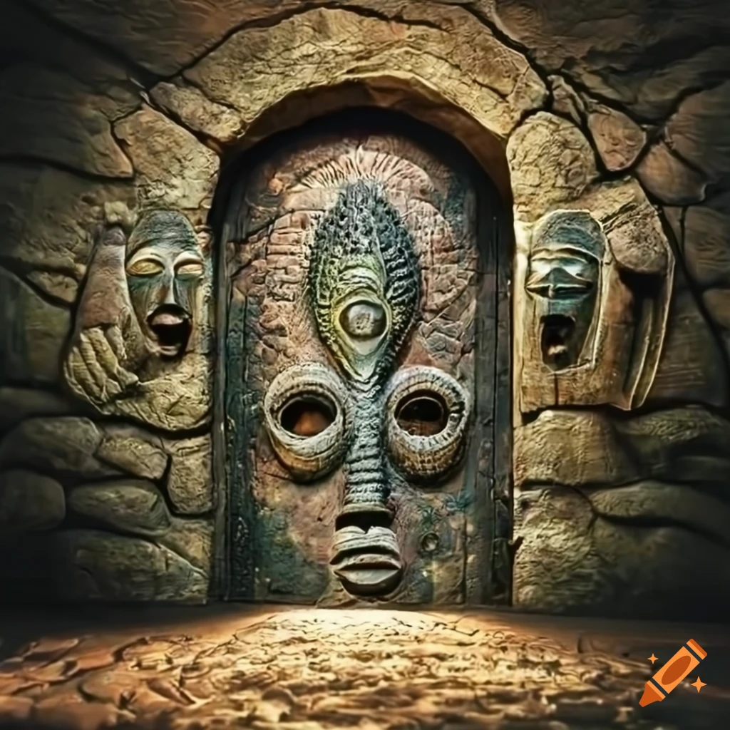 Ancient stone door with african masks in a cave on Craiyon