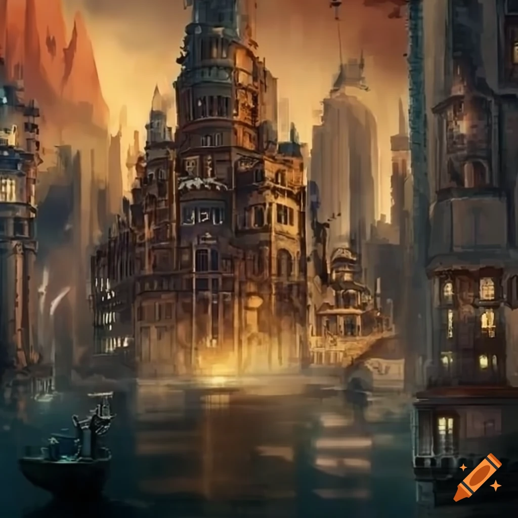 Steampunk fishing district in a city with a futuristic twist on Craiyon