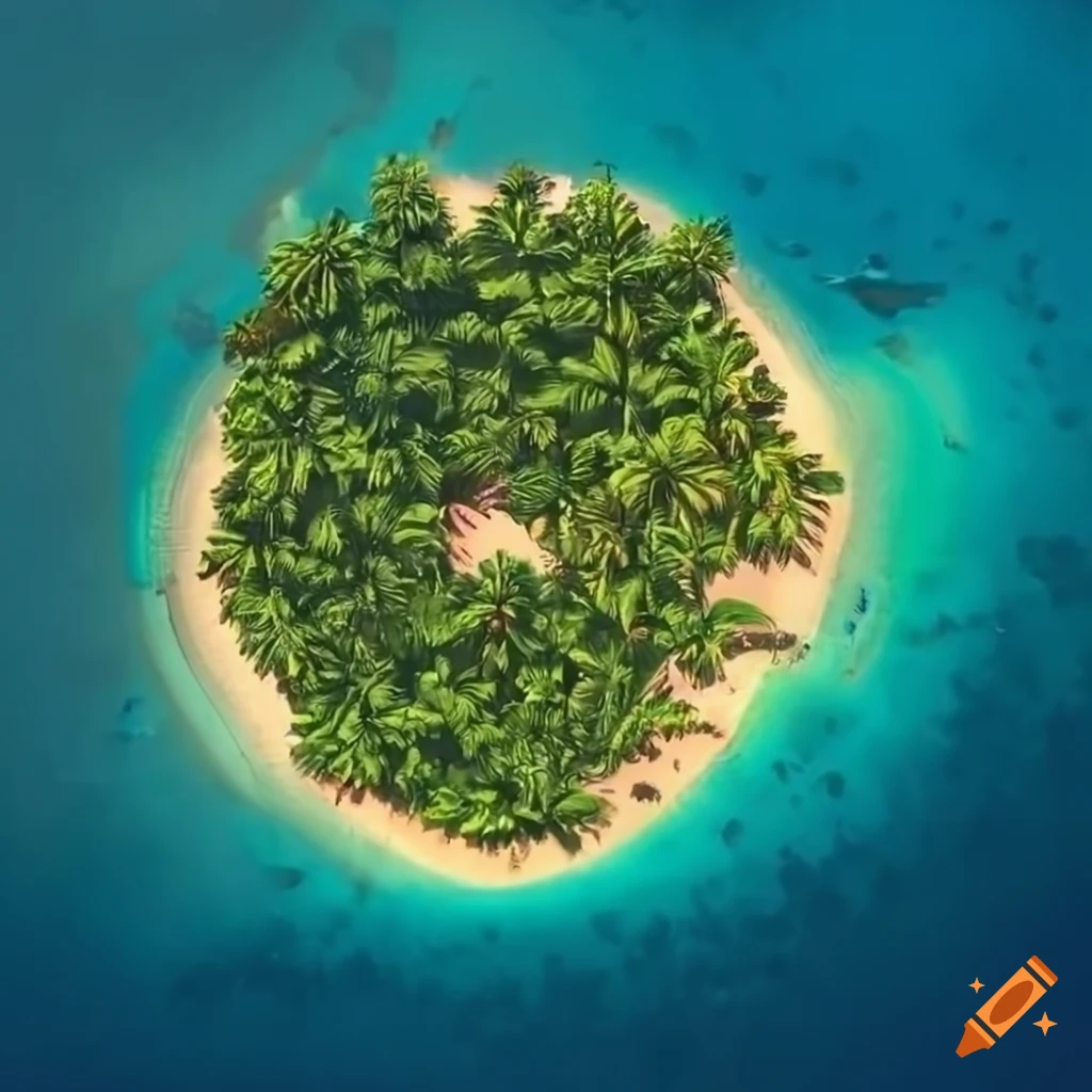 Aerial view of a tropical island with a comic book style
