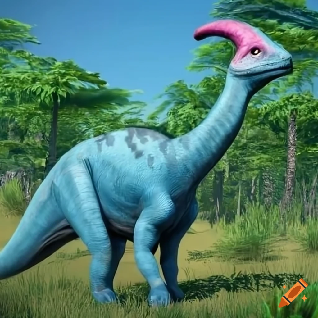 Blue parasaurolophus in tall wild vegetation on Craiyon