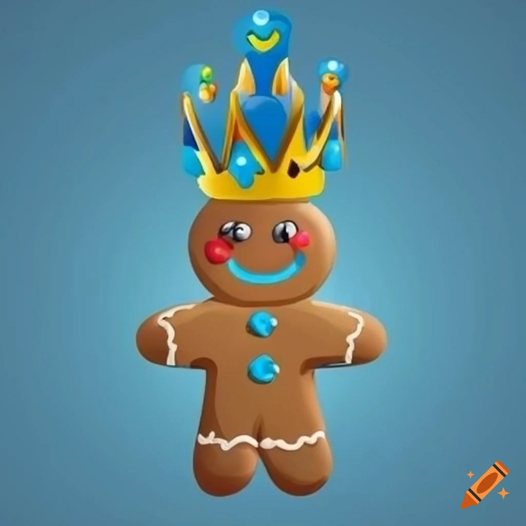 Cartoon of a gingerbread man king with a blue crown on Craiyon