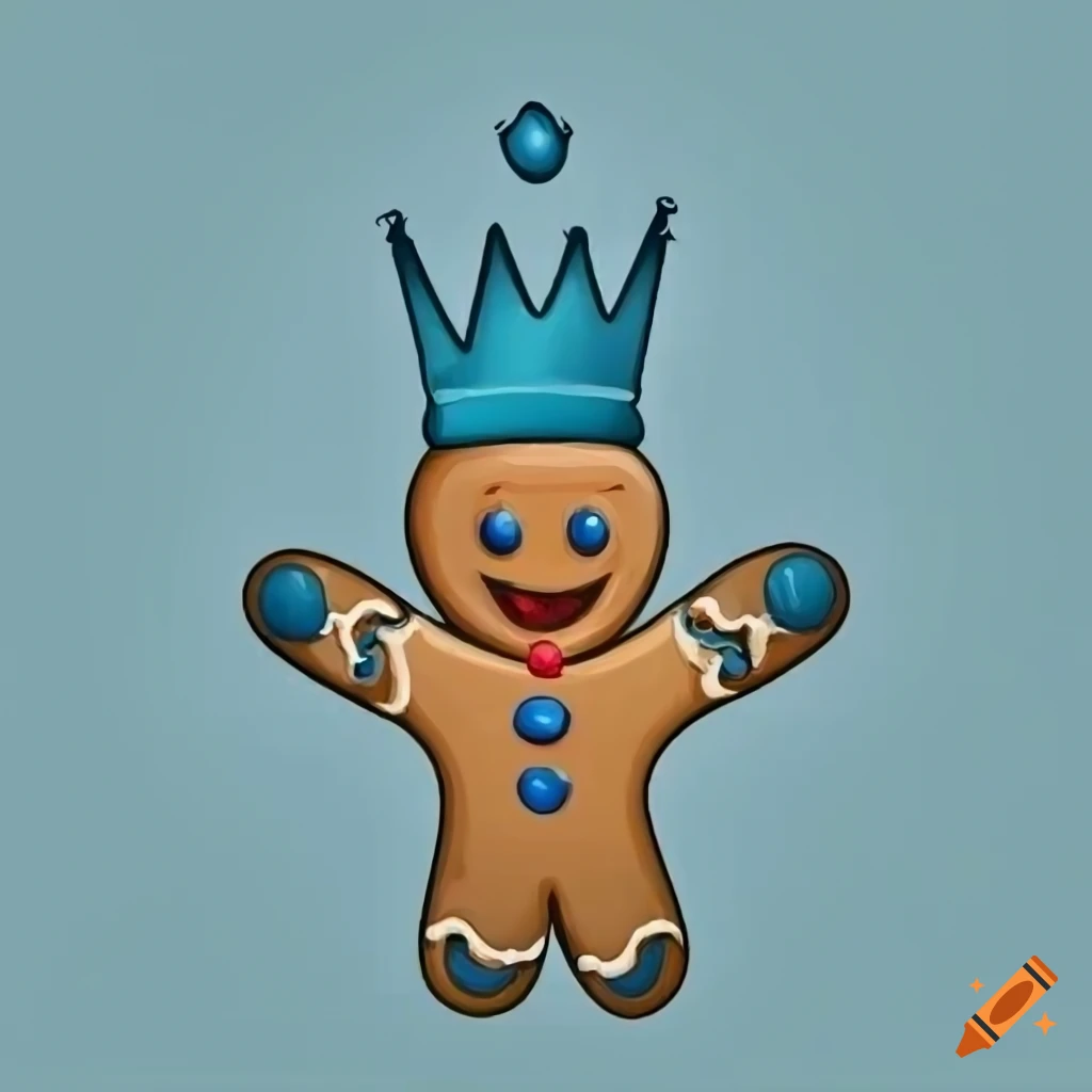 Cartoon gingerbread man with blue crown on Craiyon