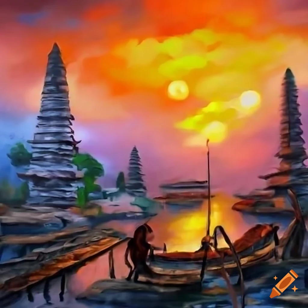 Traditional bugis tribal house and sandeq boat in a pleasant setting on ...