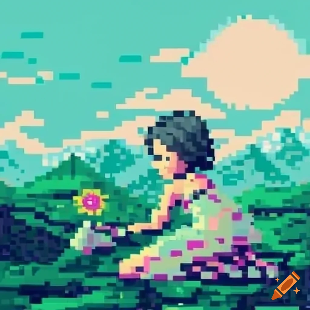 Pixel art of a robot girl picking a flower in the mountains