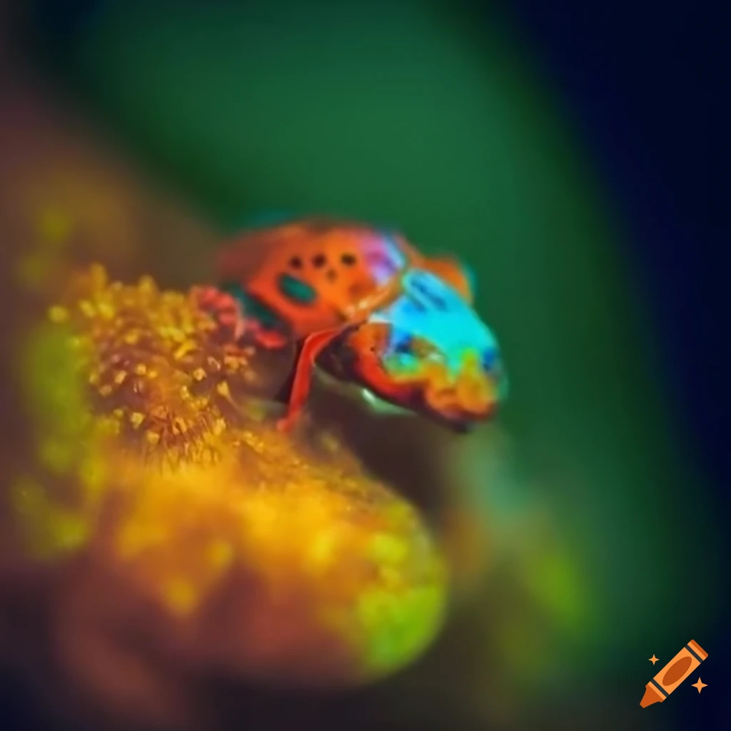 Neon beetle on a zoomed coral