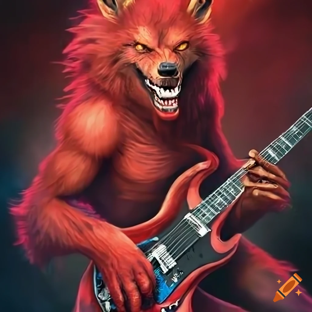 Colorful photo realistic art of a red werewolf rockstar