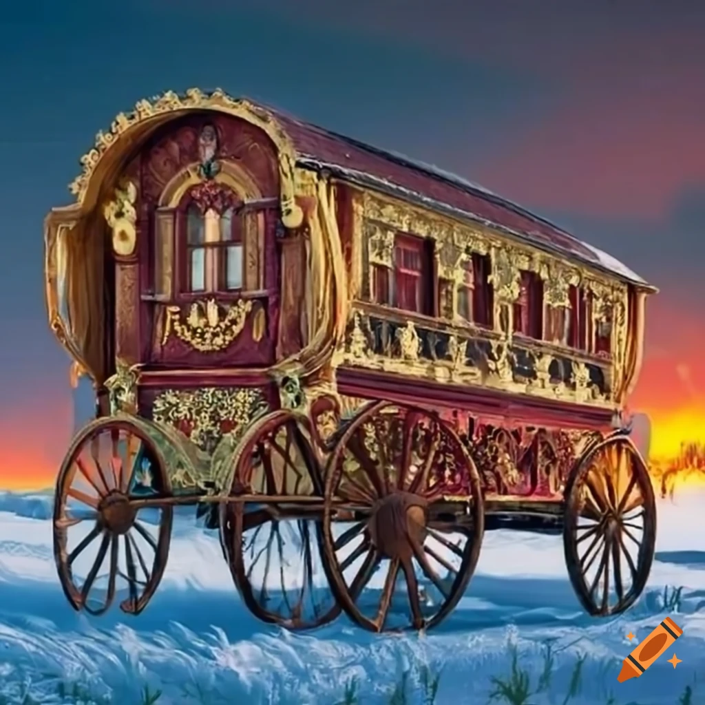 Realistic view of a beautiful gypsy wooden wagon in a christmas setting