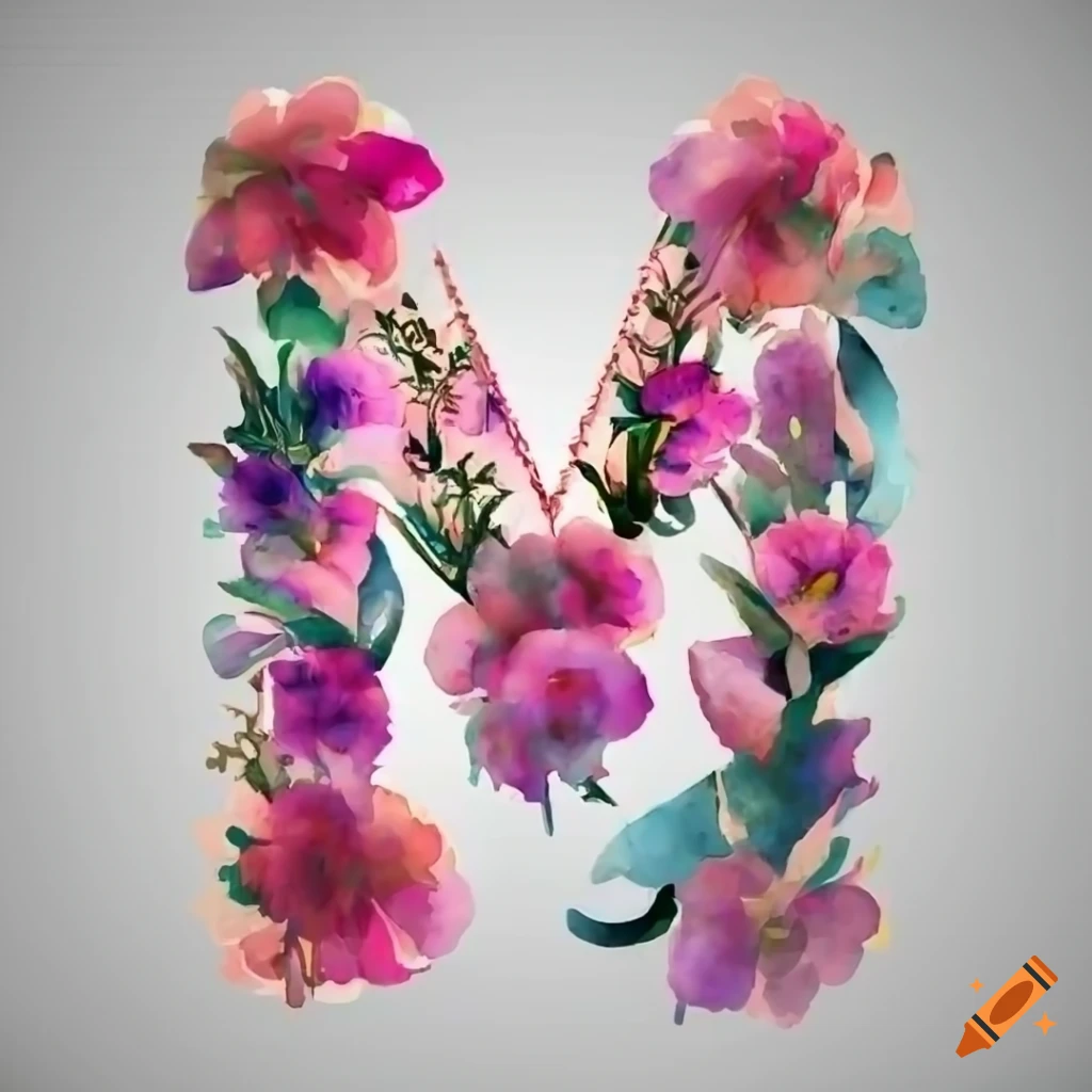 Elegant watercolor letter M with floral design on Craiyon
