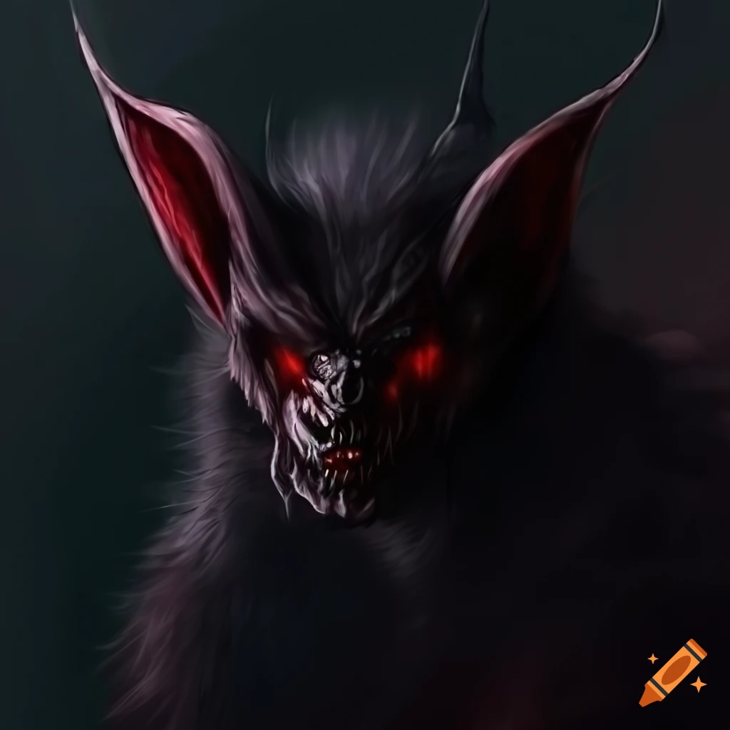 Symmetrical illustration of a demonic black-furred bat beast on Craiyon