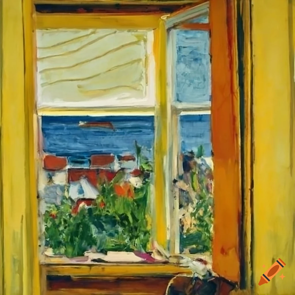 Window view with colorful flowers and rooftops in a norwegian town on ...