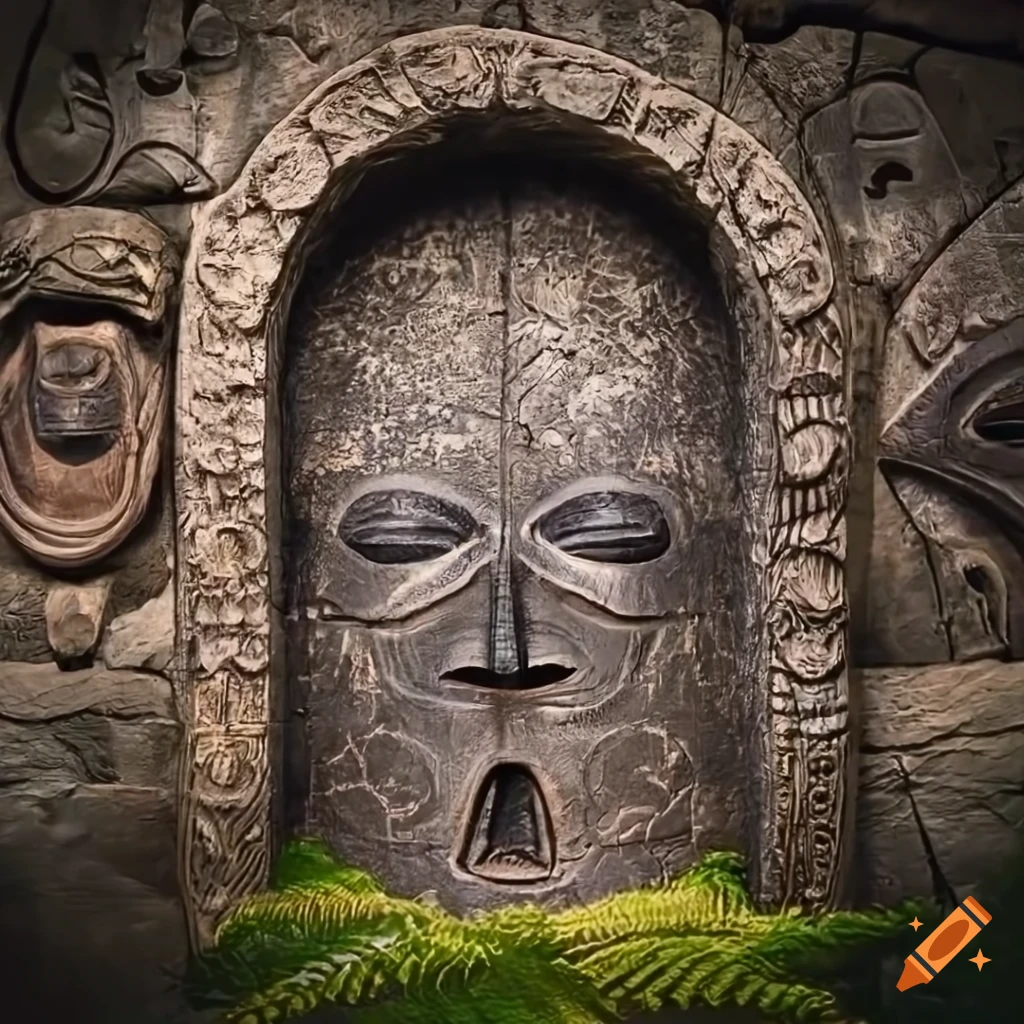 Ancient stone door with african masks in a cave on Craiyon