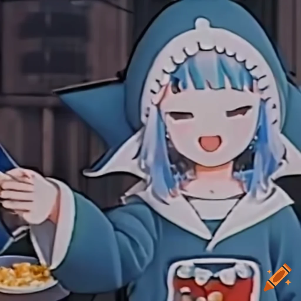 Vintage footage of shark vtuber eating mac and cheese on Craiyon