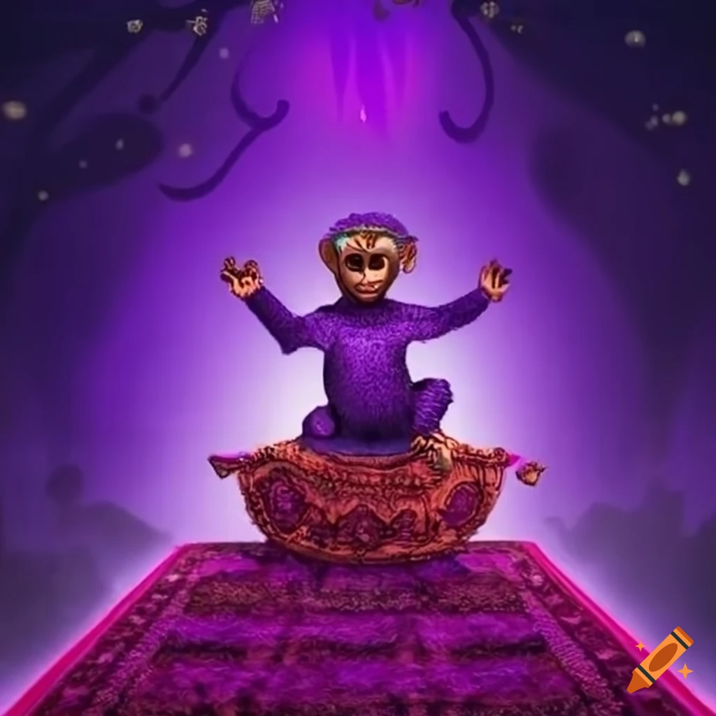 Purple monkey riding a magic carpet