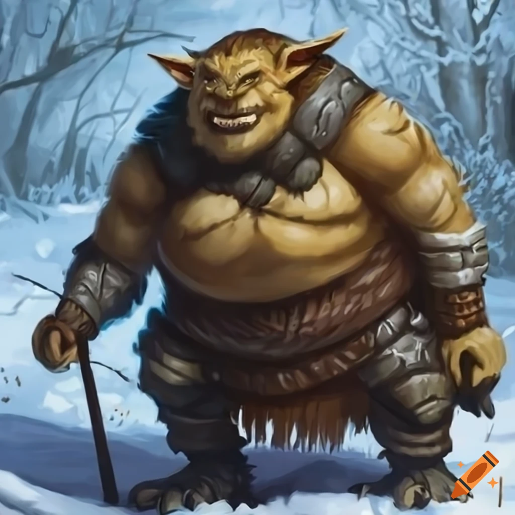 Illustration of a furry bugbear viking in snowy taiga on Craiyon