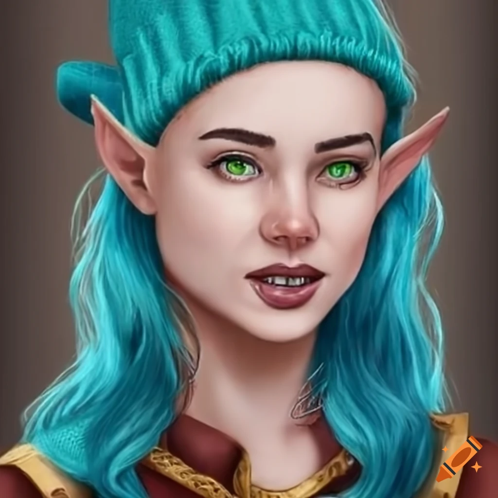 Artwork of a female elf barista with blue hair and beanie