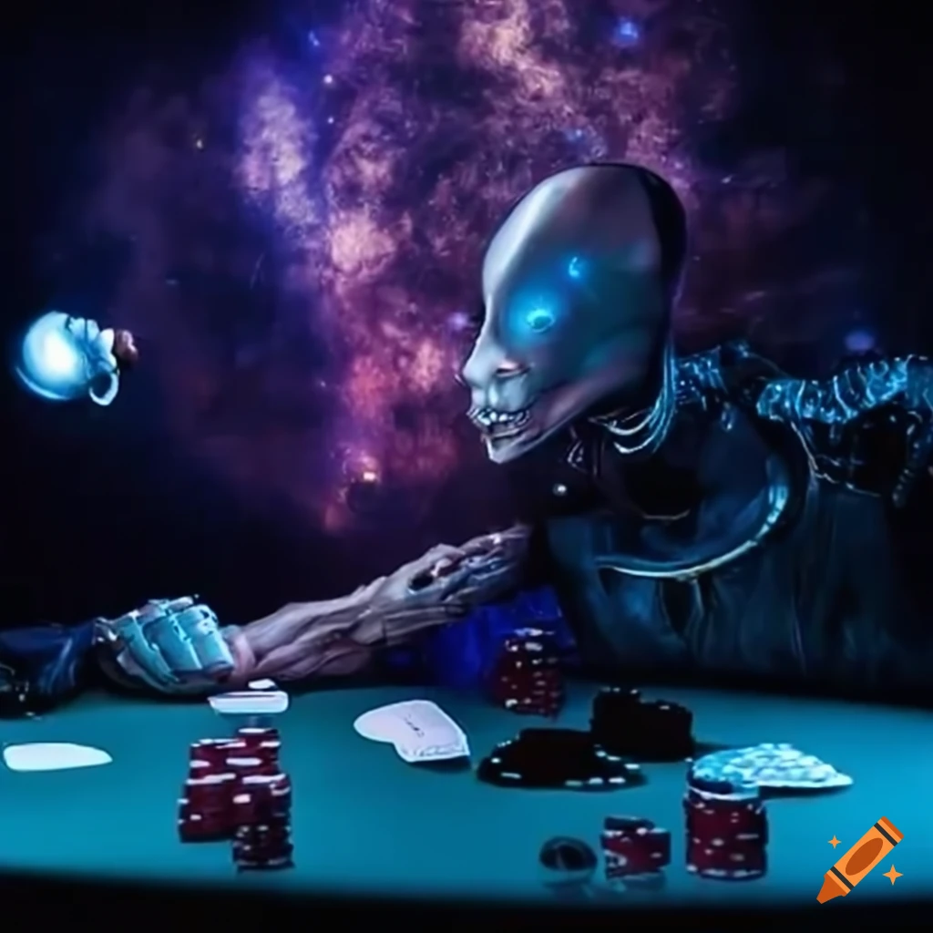 Illustration of an alien playing poker in outer space on Craiyon