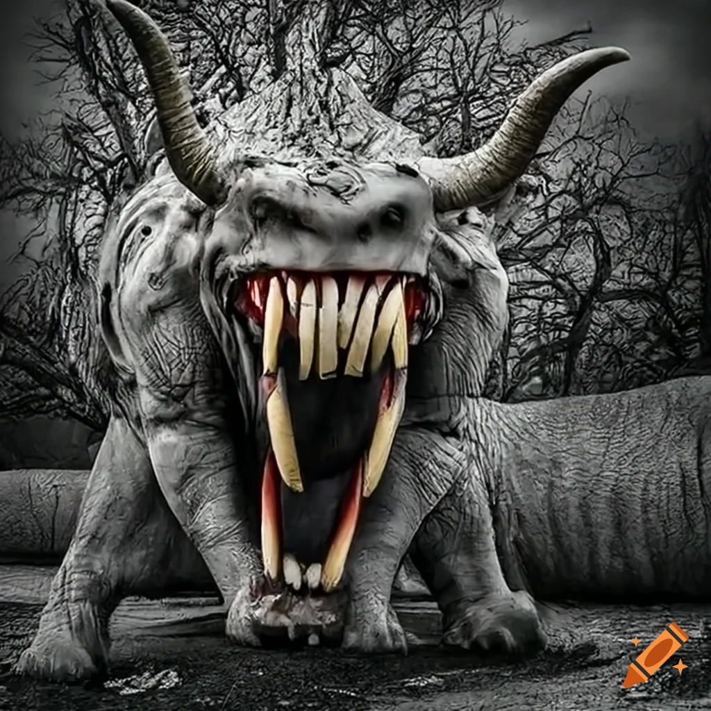 Image of a ferocious creature with sharp teeth and powerful tusks on ...