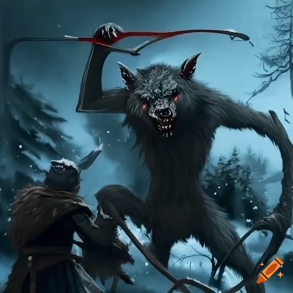 Epic battle scene between werewolves and elves in the snow on Craiyon