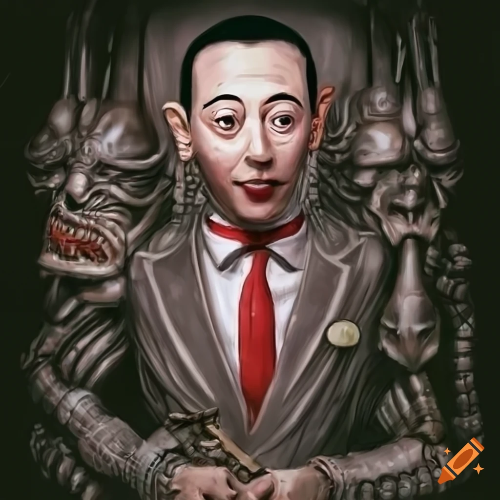 Surreal portrayal of Pee-Wee Herman in H.R. Giger style on Craiyon