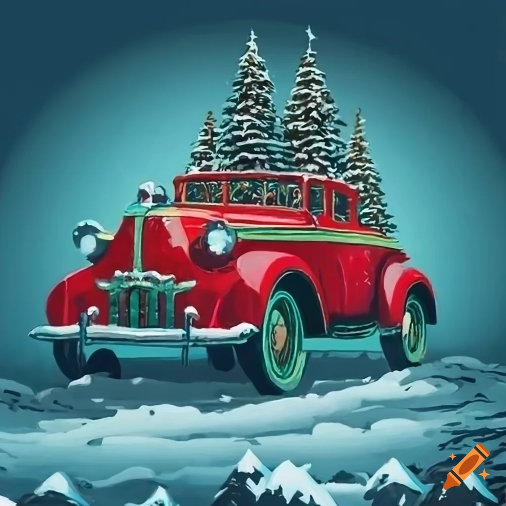 Art nouveau style illustration of santa claus riding a vintage car in ...