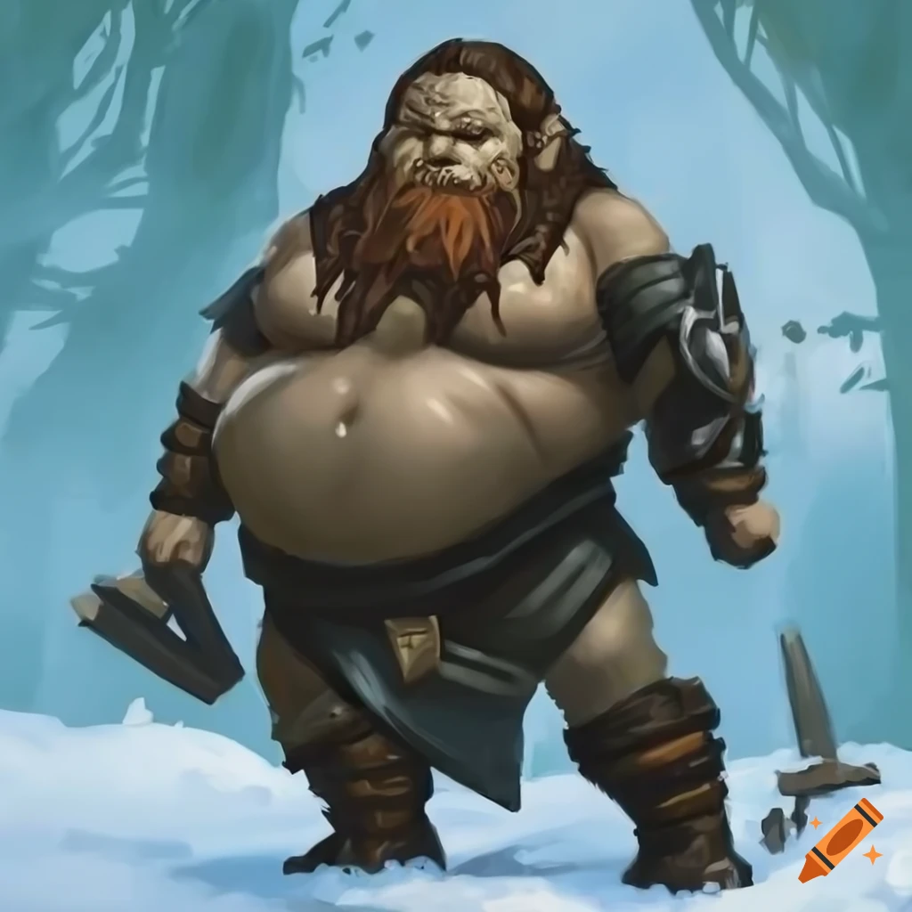 Illustration of a fat dwarf barbarian in a winter forest on Craiyon