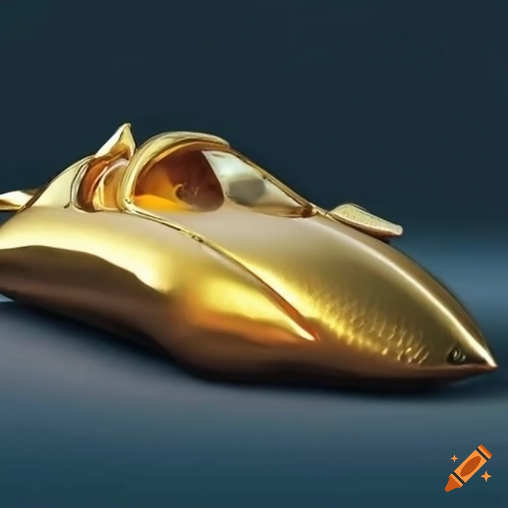 Unique golden fish-shaped car on the road