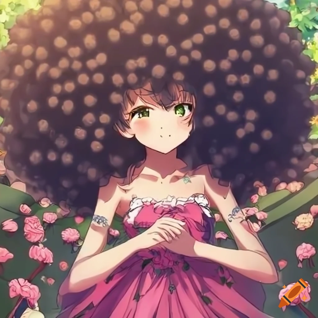 Anime girl with afro in floral dress on Craiyon