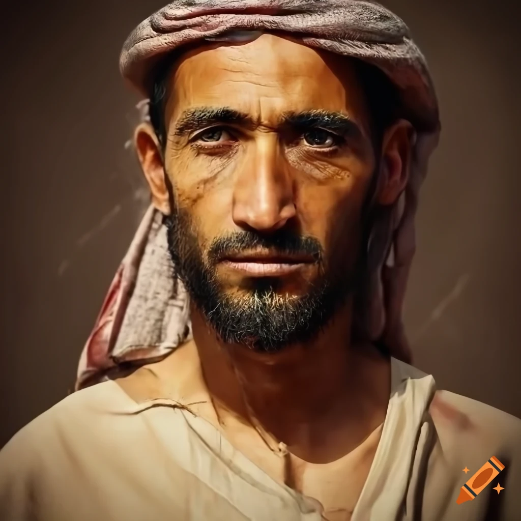 Photorealistic headshot of a middle eastern man in a desert shack