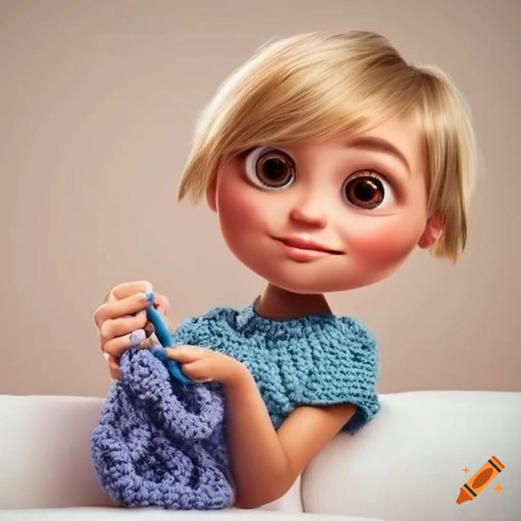 Pixar poster of a girl doing crochet on a white sofa on Craiyon