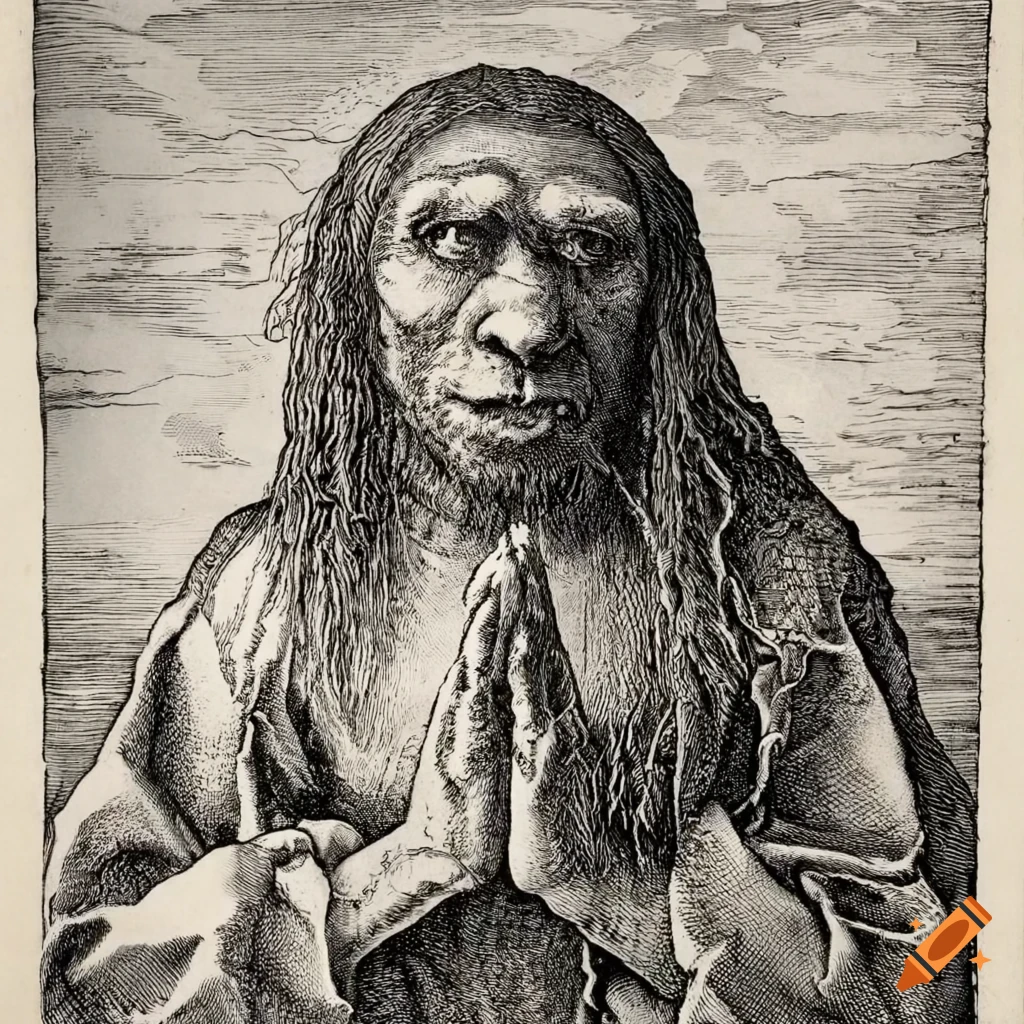 Surreal monochrome woodcut artwork of a neanderthal-like jesus in ...
