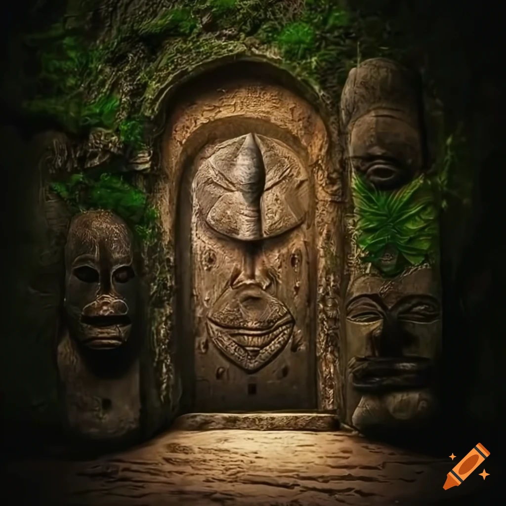Stone door with african masks in a cave on Craiyon