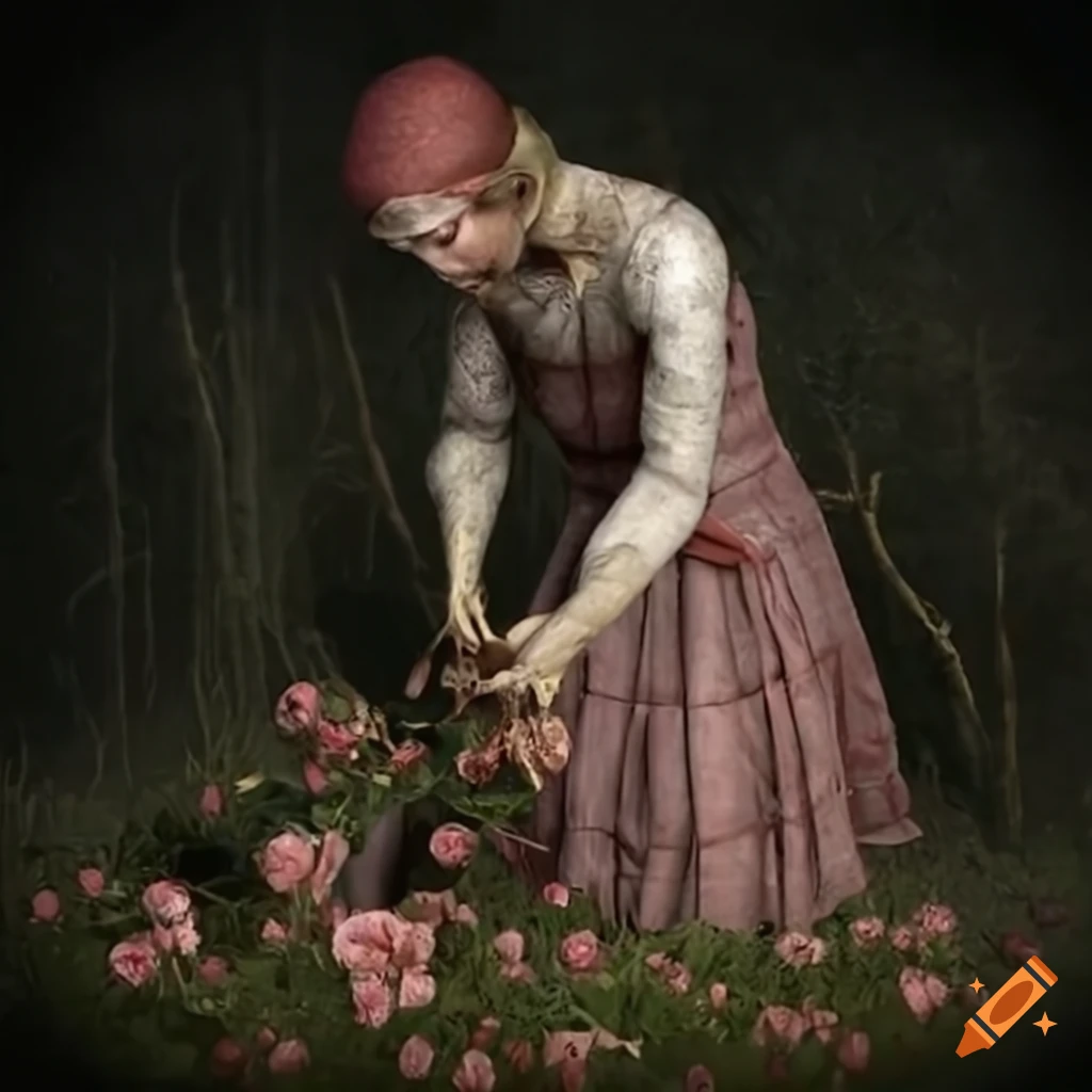 Hyperrealistic painting of a medieval farmer picking roses on Craiyon