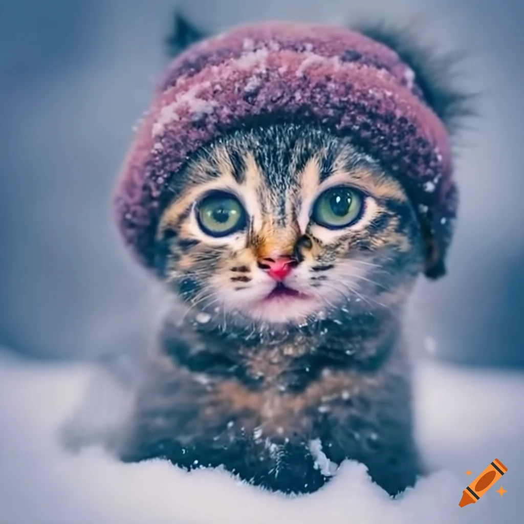 Cute kitten wearing a ski hat in the snow