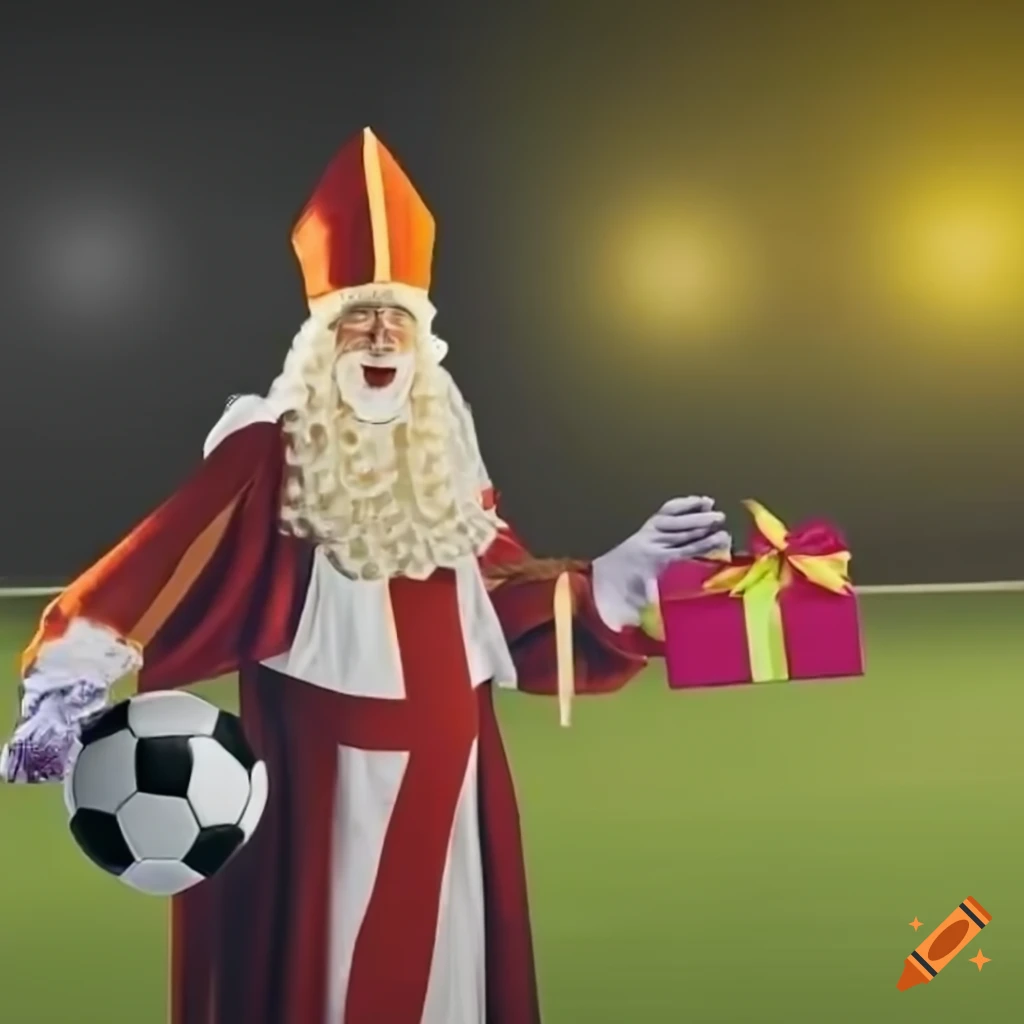 Sinterklaas handing out presents on a soccer pitch
