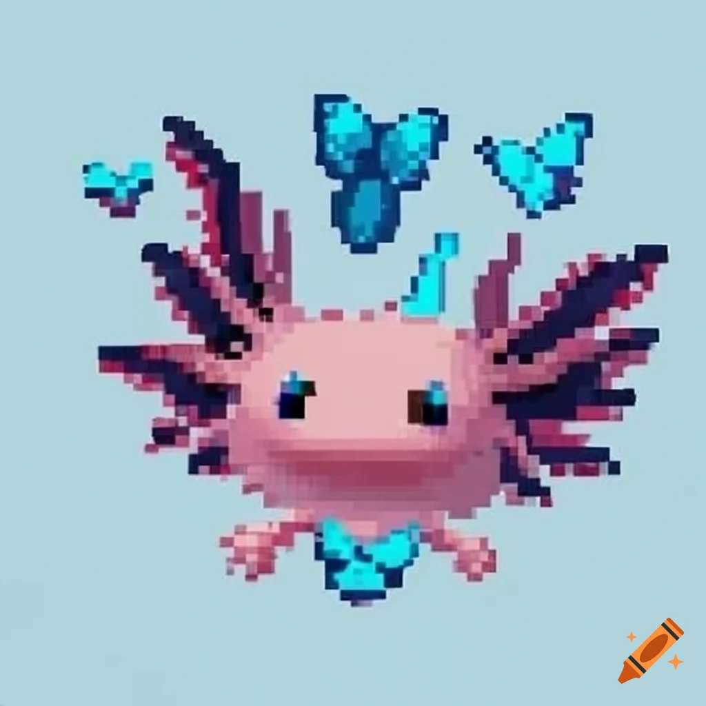 Pixel art of an axolotl surrounded by butterflies on Craiyon