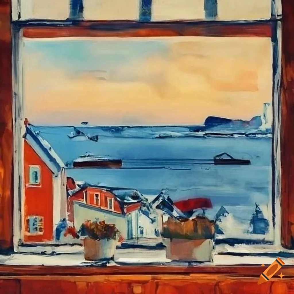 Painting of a window with flowers and snowy rooftops in the background