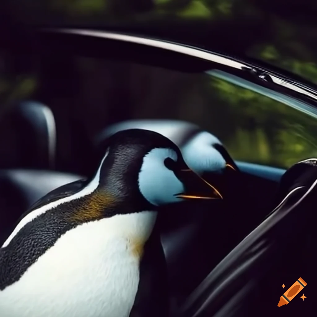 Funny image of a penguin driving a sports car on Craiyon