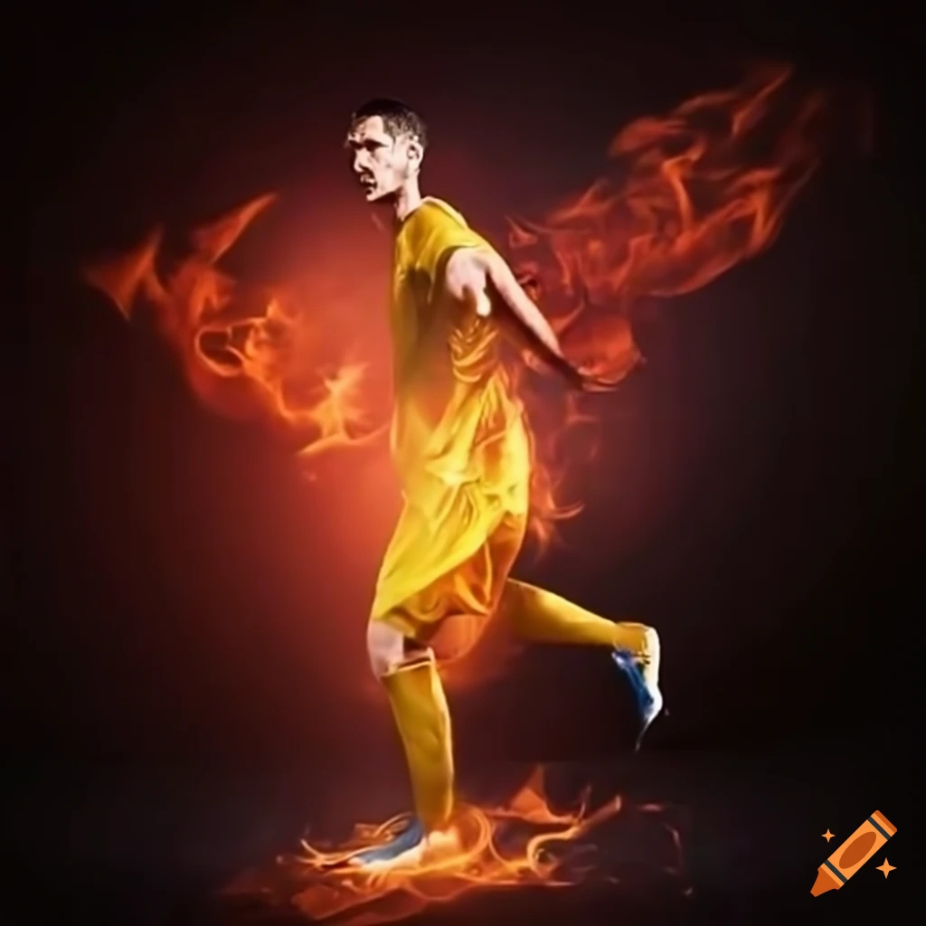 Soccer player bravely facing flames on Craiyon