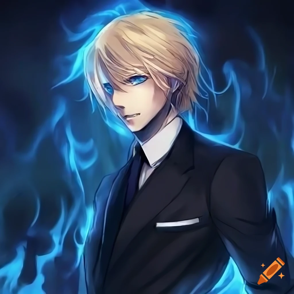Anime-style portrait of a man with blue fire background