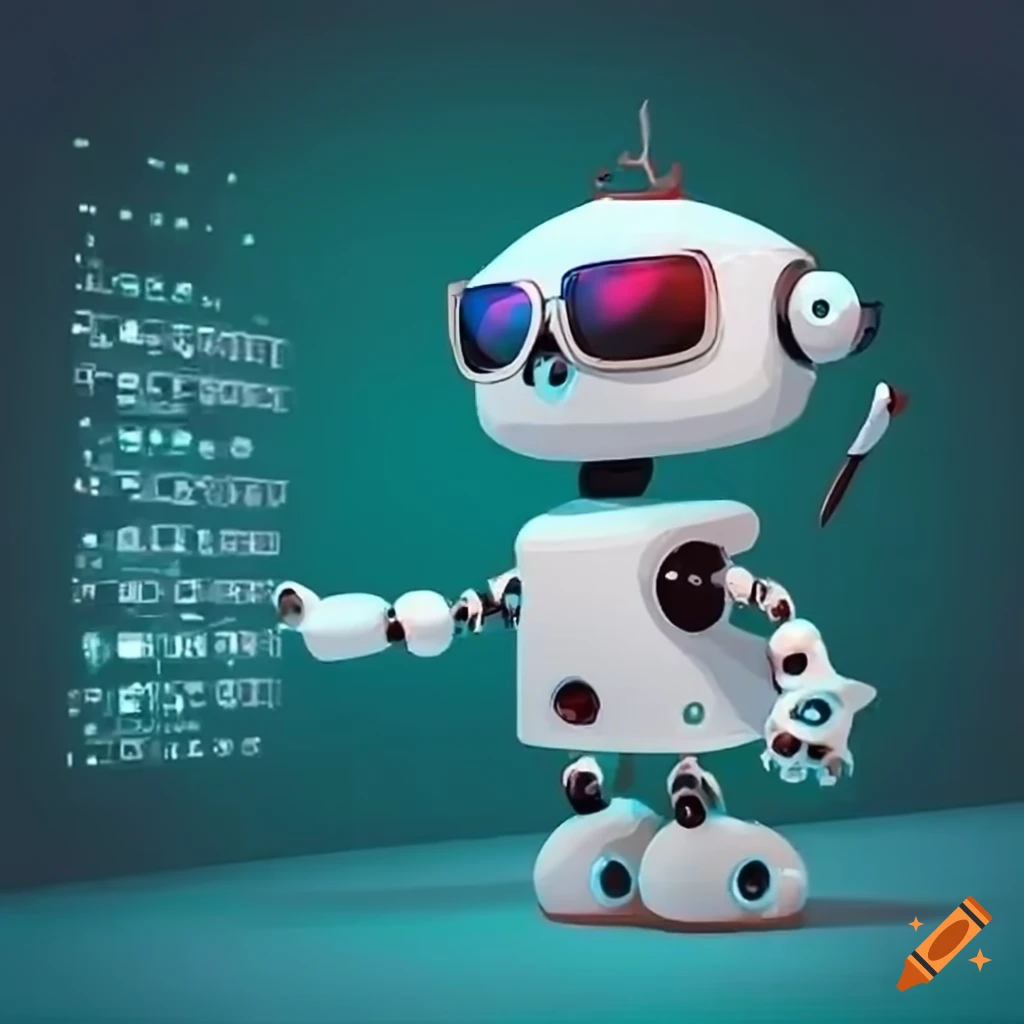 Cute robot wearing sunglasses coding