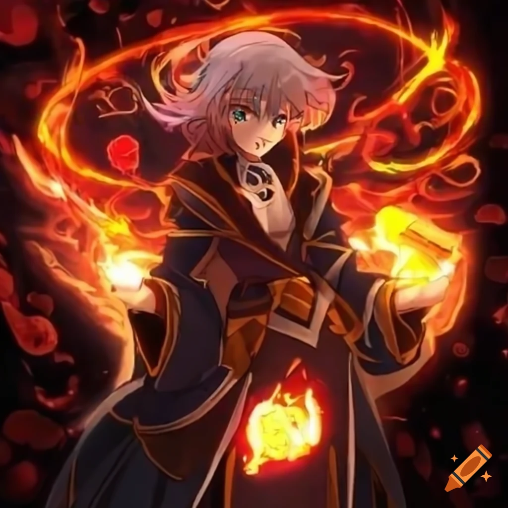 Anime character of a fire magician on Craiyon